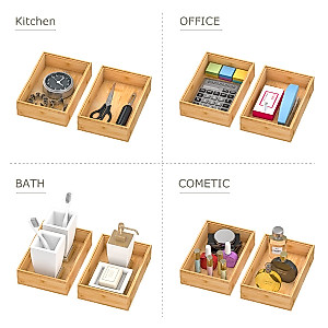 Bamboo Drawer Organizer Storage Box Kitchen - Wood Stackable Tray Set of 2 (9x6x2 inch)