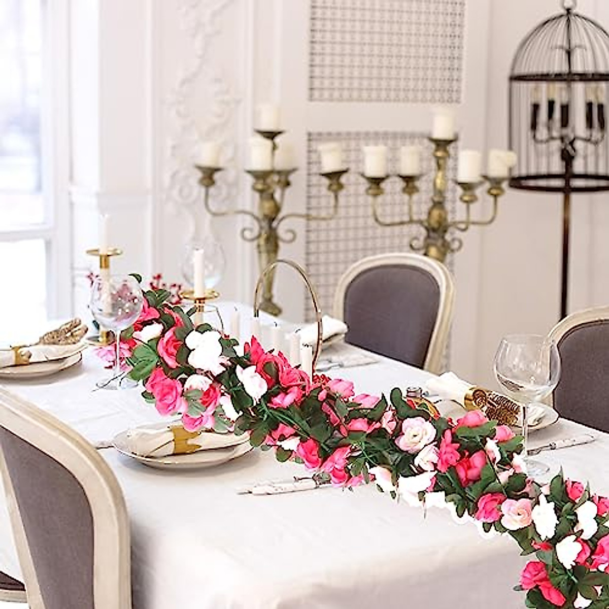 6pcs 49.2 FT Artificial Rose Vines Hanging Rose Flower Garlands,Faux Silk Floral and Leaves,Fake Ivy Garland for Room Wall Backdrop Wedding Arch Garden Party Background Decor (Pink)