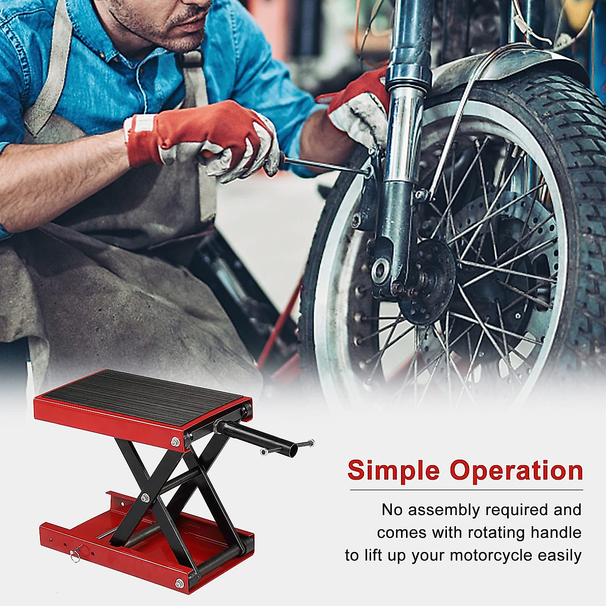 TUFFIOM Motorcycle Scissor Lift Jack w/Rubber Top Surface & Safety Pin, Height Adjustable Steel Center Hoist Crank Stand for Motorcycle Repair Maintenance, 1100LBS Weight Capacity