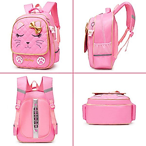 Chamqueen Cute Cat Face Bowknot School Backpack Kids School Bookbag Princess Backpack for Girls Students Pink