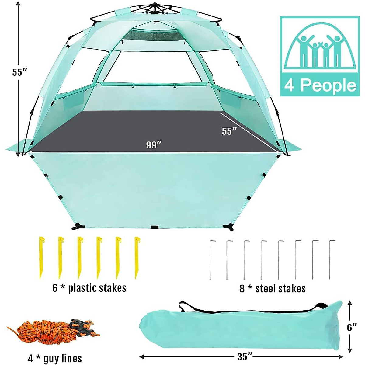 WhiteFang Deluxe XL Pop Up Beach Tent Sun Shade Shelter for 3-4 Person, UV Protection, Extendable Floor with 3 Ventilating Windows Plus Carrying Bag, Stakes, and Guy Lines (Mint Green)