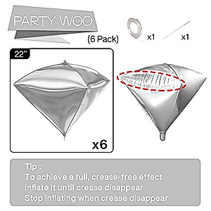 PartyWoo Silver Balloons, 6 pcs Diamond Silver Foil Balloons, 22 inch Giant 4D Foil Balloons and Ribbon, Balloons for Birthday Decorations, Wedding Decorations, Party Decorations (Balloon)