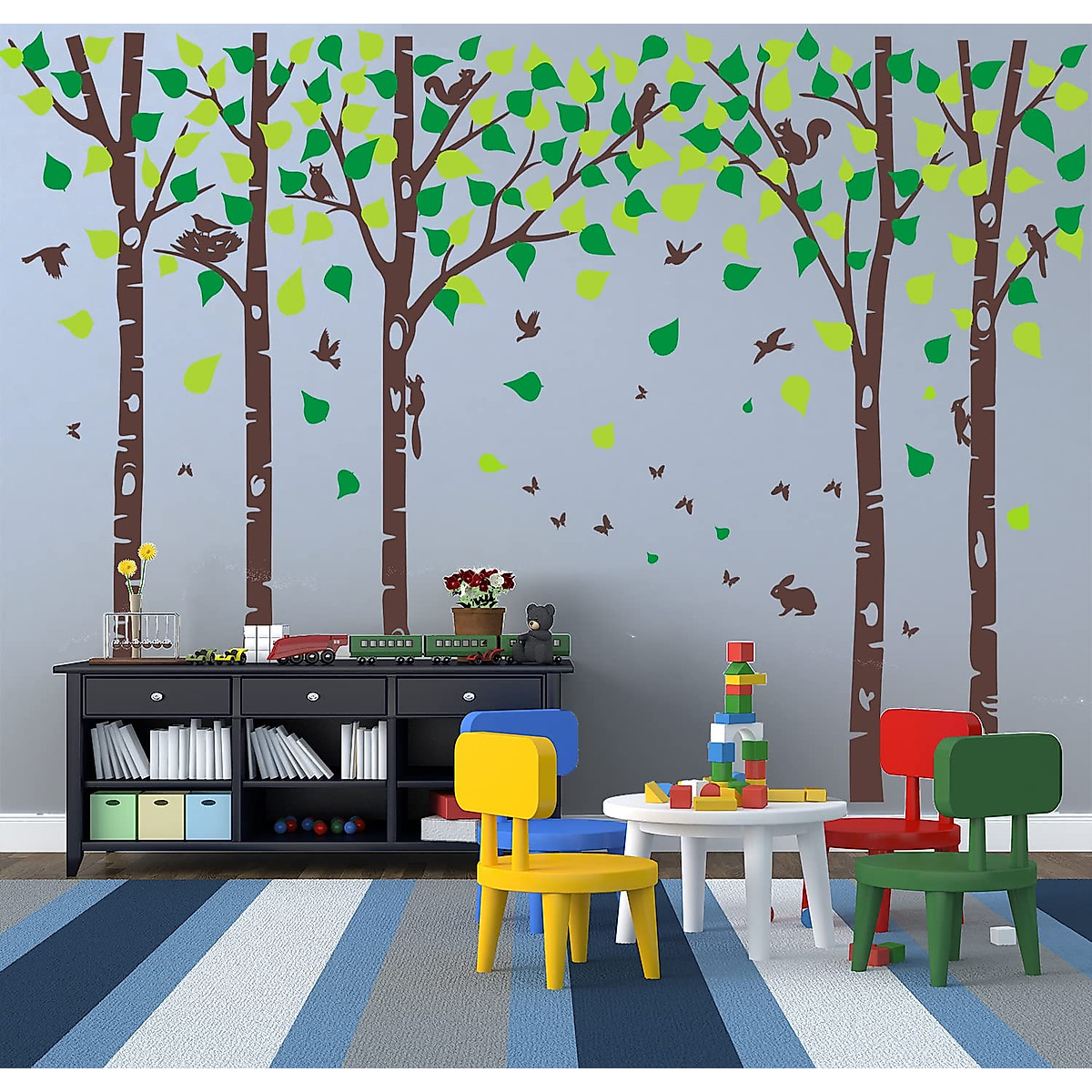 5 Large Birch Tree Wall Decals Jungle Tree Wall Stickers Forest Animal Wall Stickers Squirrel Rabbit Stickers for Kids Room Nursery Bedroom Living Room Classroom Wall Decoration (100", Brown,Green)