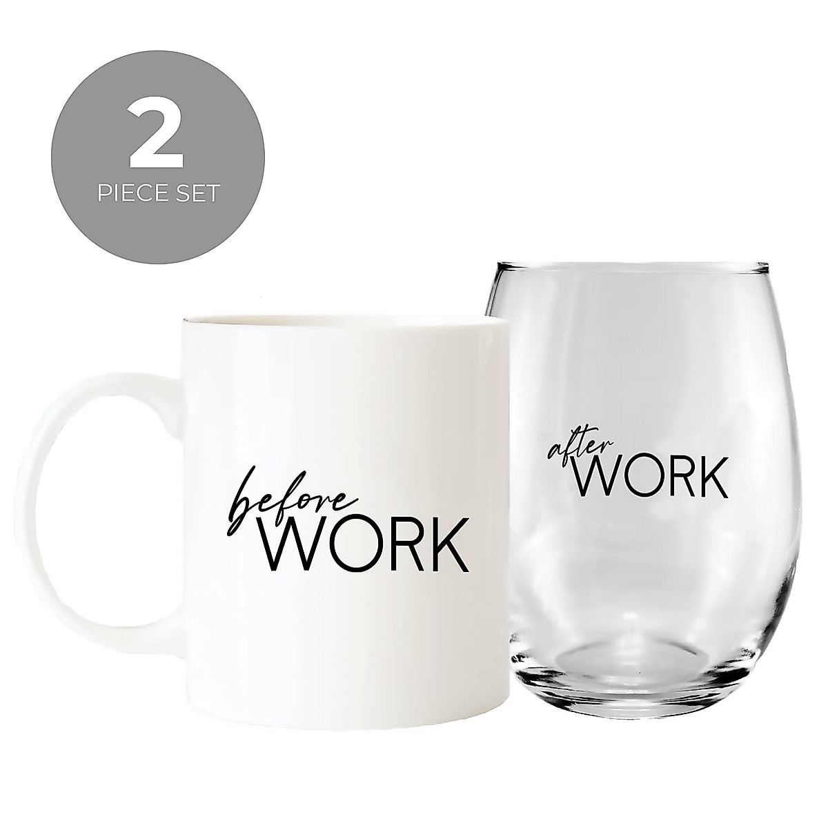 Canopy Street Before Work And After Work Mug And Stemless Wine Glass Set/Funny Clever Humor Drinkware/Coworker Coffee Mug Present/New Job Beverage Gift