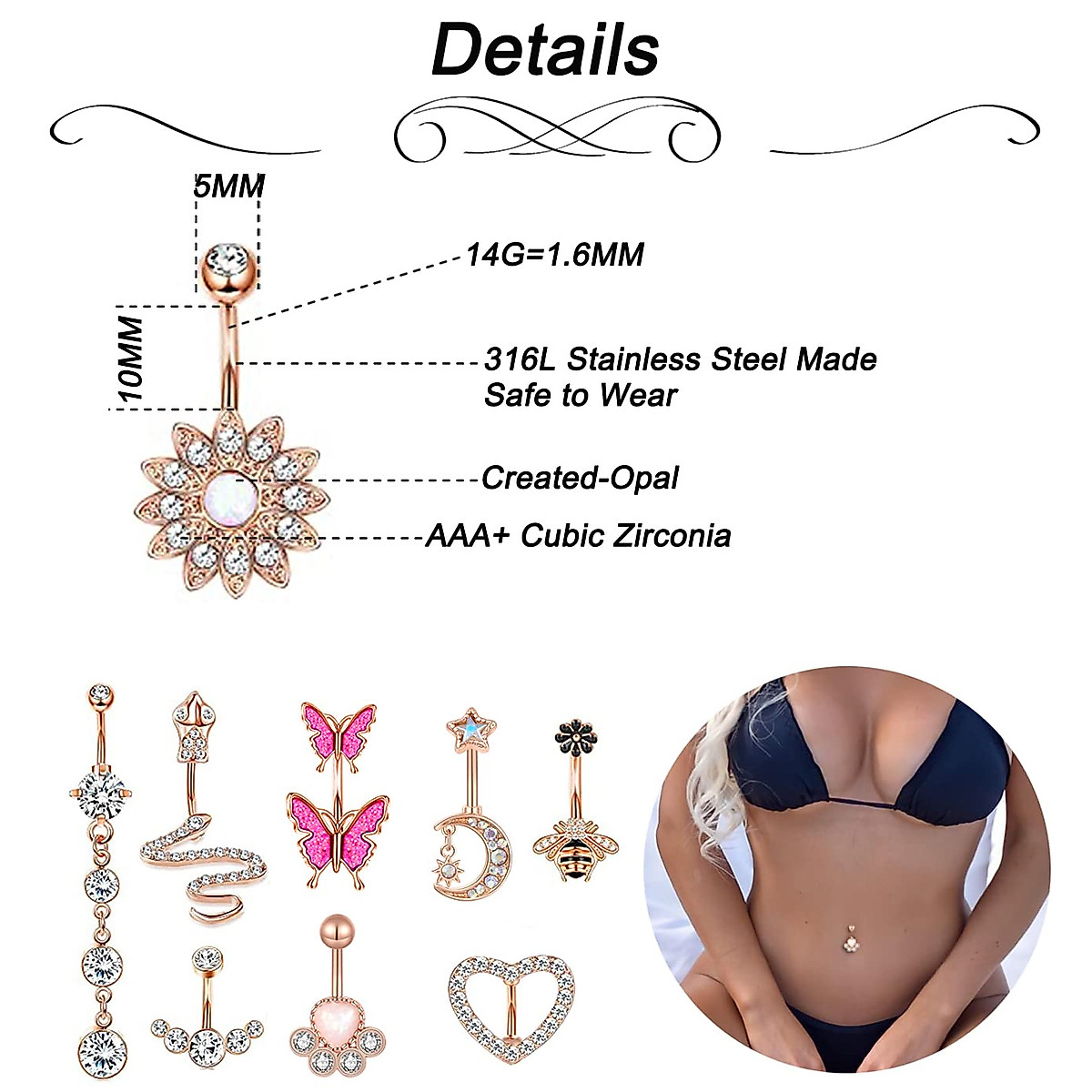 NICEIGHT 9PCS Stainless Steel Belly Button Rings Dangle Belly Rings for Women Heart Moon Snake Flower Navel Rings Body Jewelry Piercing Rose Gold