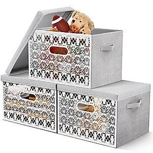 Iirios Storage Bins With Lids, 3 Pack Linen Foldable Storage Bins, Metal Clothes Storage Containers with Handles, Stackable Storage Baskets for Clothing, Blanket, Comforters, Pillows and Toys (White)