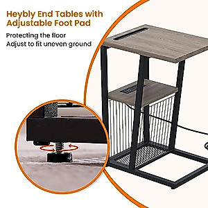 Heybly Side Table C Shaped Nightstand End Sofa Table with Charging Station, Phone Holder, 2 USB Ports and Power Outlets, Snack Couch Tables for Small Spaces, Greige and Black HET001CSG1