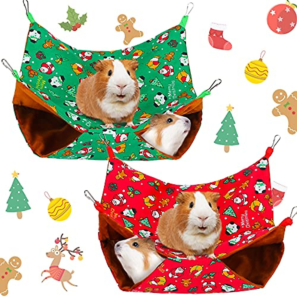 2 Pieces Christmas Ferret Hammock Guinea Pig Rat Hammock Hanging Pet Hammock Printed Santa Claus Ferret Bed Small Animal Hamster Hammock for Rabbit Squirrel Playing, Green, Red (Large)