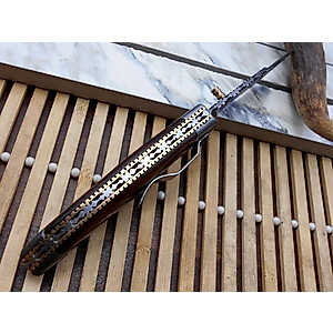 8" Long Folding Knife with Pocket Clip, Hand Forged Damascus Steel 3.5" Blade. Rose Wood Scale with Damascus Bolster, Cow Hide Leather Sheath Included with Belt Loop (Walnut Wood)