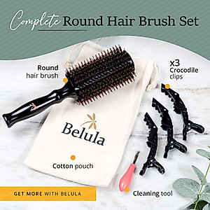 Belula Boar Bristle Round Brush for Blow Drying Set. Round Hair Brush With Large 2.7” Wooden Barrel. Hairbrush Ideal to Add Volume and Body. Free 3 x Hair Clips & Travel Bag.