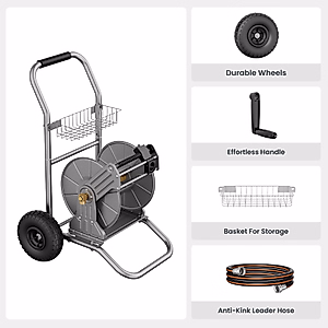 Giraffe Tools Garden Hose Reel Cart with Wheels, Heavy Duty Metal Water Hose Reel Cart, 200 ft of 1/2 Capacity, Mobile Hose Reel Cart for Outside