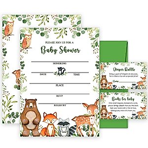 Yuzioey Woodland Baby Shower Invitations, 25 Pack Woodland Greenery Invitations Macthing Envelpoes, Diaper Raffle Tickets, Book Request Cards, Forest Creatures Invitations