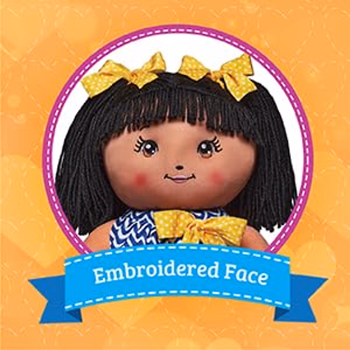 LOVE & HUG 17" African American Black Doll | Stuffed Soft Plush Doll with Blue Dress and Soft Yarn Hair for Kids and Toddlers to Love and Hug | Gift for Birthday, Christmas