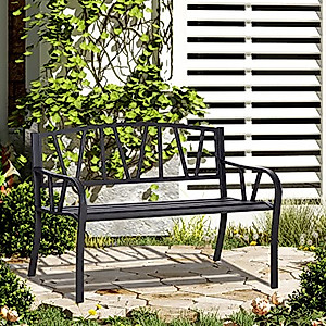 Outsunny 2-Seater Outdoor Garden Patio Bench with a Solid Metal Build, Decorative Backrest, & Ergonomic Comfort Armrests