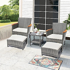 5 Piece Outdoor Patio Furniture Set with Table&Ottoman Outdoor Furniture Patio Set Bistro Wicker Patio Set of 2 Outside Lawn Chairs Conversation Sets for Porch Balcony Deck(Gray Wicker&Beige Cushion)