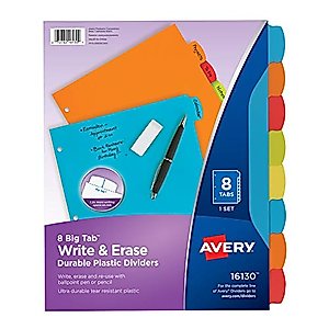 Avery Big Tab Write & Erase Durable Plastic Dividers for 3 Ring Binders, 8-Tab Set, Bright Multicolor, 1 Set (16130)