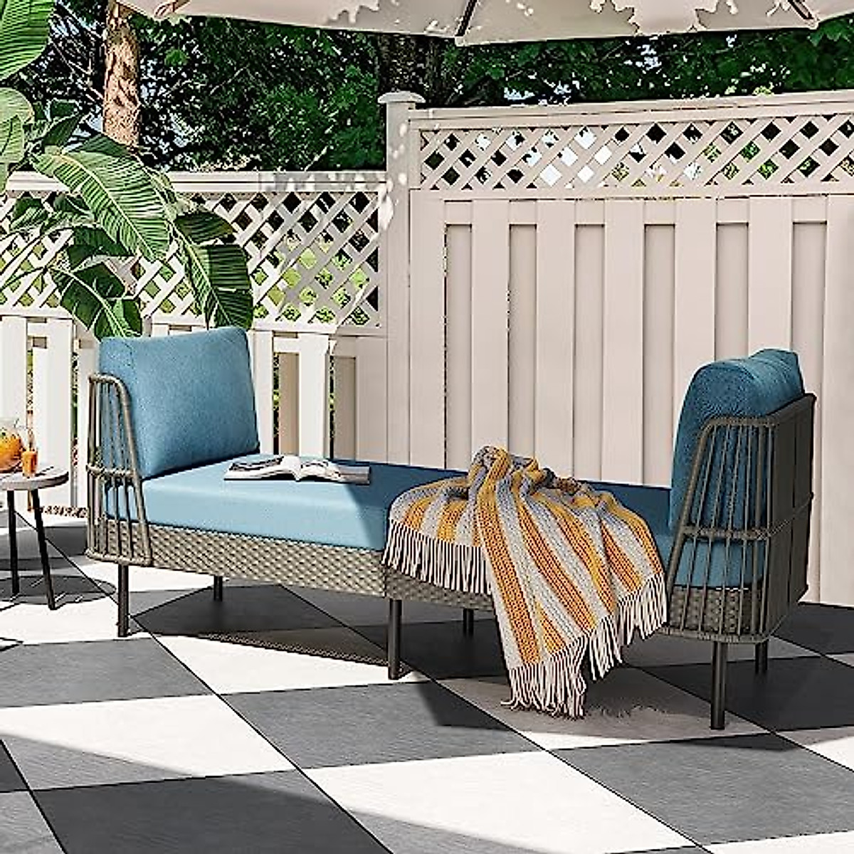 YITAHOME Wicker Outdoor Chaise Lounge, Oversized Patio Love Sofa, 74 Length Outdoor Indoor Upholstered Sofa Recliner Daybed with Thickness Cushion Indoor Lounger for Balcony Garden Pool - Blue