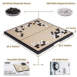 AMEROUS 11 Inches Magnetic Go Game Set (19 x 19), Travel Foldable Board Game Set with Magnetic Plastic Stones & Go Game Rules for Beginner, Kids, Adults （Weiqi）