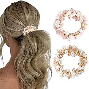 Brinie Pearl Rhinestone Ponytail Holder Pack: Pink Hair Ties, Elastic Bead Hair Bands, Stretchy Scrunchies for Women and Girls (Pack of 2)