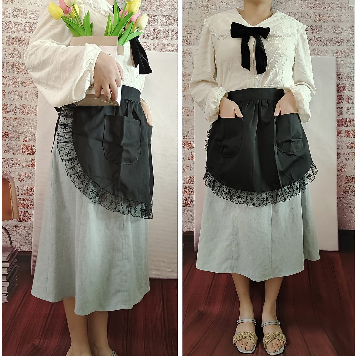 Vanoker Chef White Cotton Waist Aprons Home Kitchen Restaurant Photo Props Florist Shop Maid Waiter Waitress Lace Half Apron (White, 19.6L)