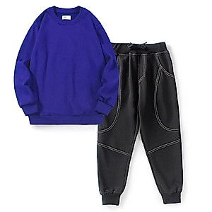 BINPAW Boys Pants Set Sweatshirt Outfit Pullover Long Sleeve Tee and Black Pants 2-Piece Kids Clothing Set, Blue, 7-8 Years = Tag 130