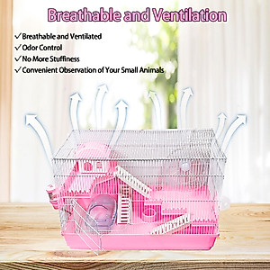 kathson Hamster Cages and Habitats Large Gerbil Cage with Accessories Hut Exercise Wheel Water Bottle Bowl Bathtub Small Animal Basic Cage for Syrian Hamster，3- Levels，22" L x 12.5" W x 14" H，Pink