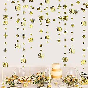 Gold 90th Birthday Decorations Number 90 Circle Dot Twinkle Star Garland Metallic Hanging Streamer Bunting Banner Backdrop for Women Mens 90 Year Old Birthday Nighty Anniversary Party Supplies