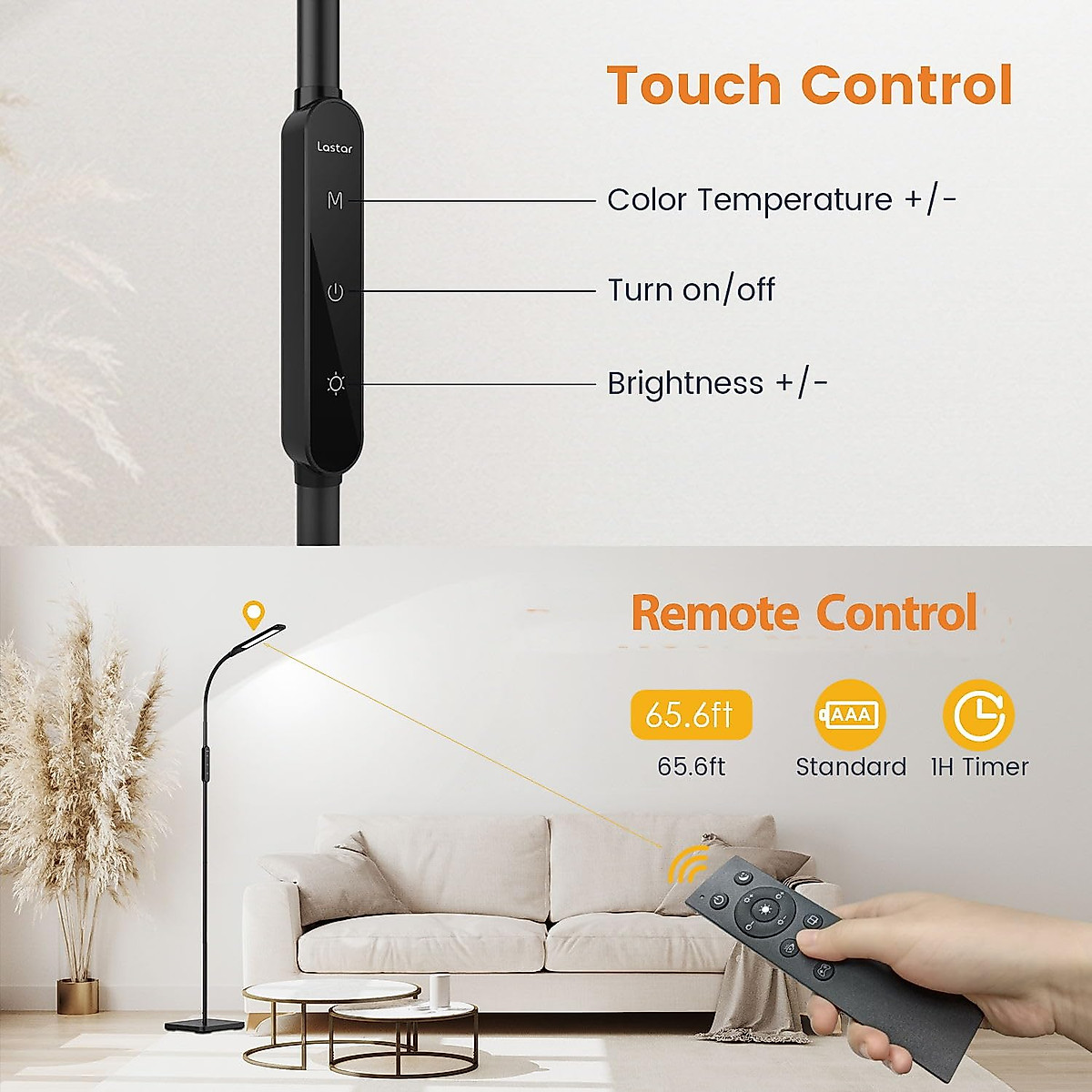 LED Floor Lamp, Laster Reading Standing Lamps with Remote and Touch Control for Living Room, Bedroom, Office with 4 Color Temperature & 4 Brightness Levels, 1H Timer & Memory Function