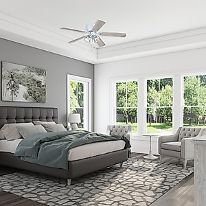 Portage Bay Ceiling 52" Renton White Indoor Fan with Clear 3 Light LED Multi Arm E26/B11 Bulb and Pull-Chains, Traditional Style, 5 Reversible Gray Oak Blades, 51441, 52 Inch