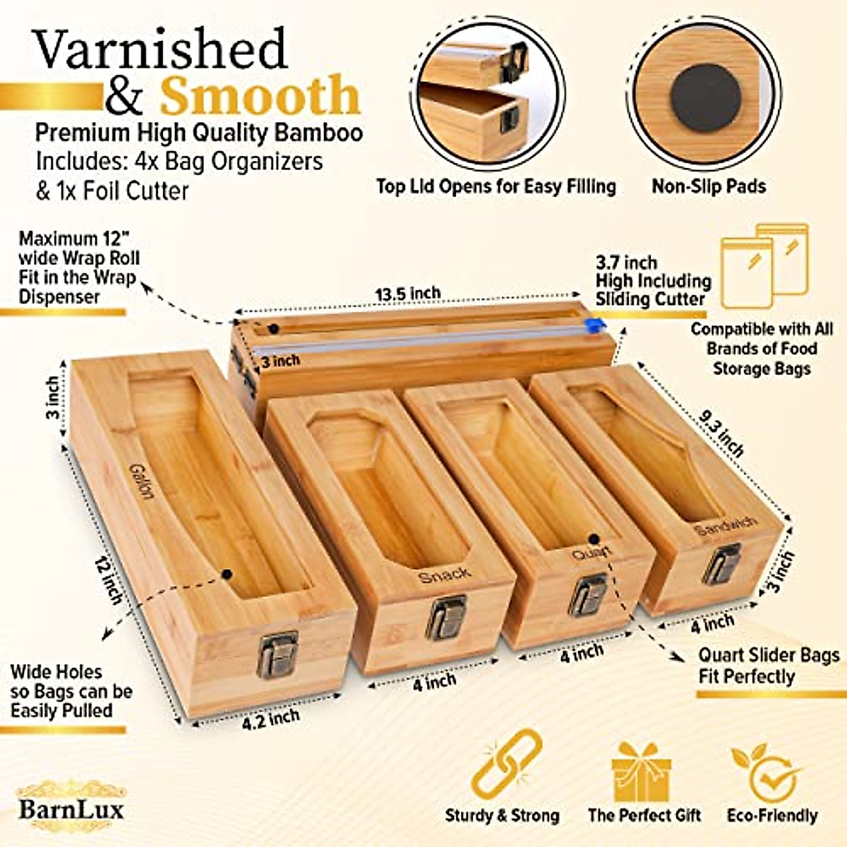 BarnLux Ziplock Bag Storage Organizer & Wrap Dispenser 5 Separate Boxes - Premium Bamboo Food Storage Bags Organizer for Drawer, Anti-Cushion Bottom Baggie Organizer, Polished Surface
