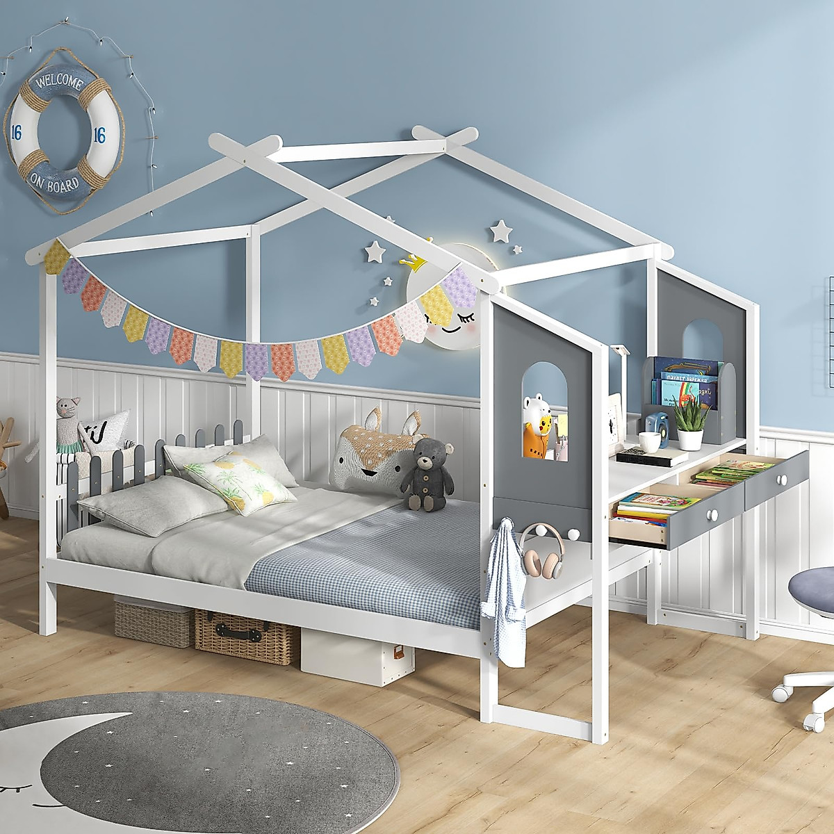 KOMFOTT Full House Bed with Desk, Wood Montessori Bed Frame with House Roof Canopy, 2 Drawers, Modern Playhouse Bed with Fence for Kids, Teens, Girls & Boys, No Box Spring Needed, White & Gray