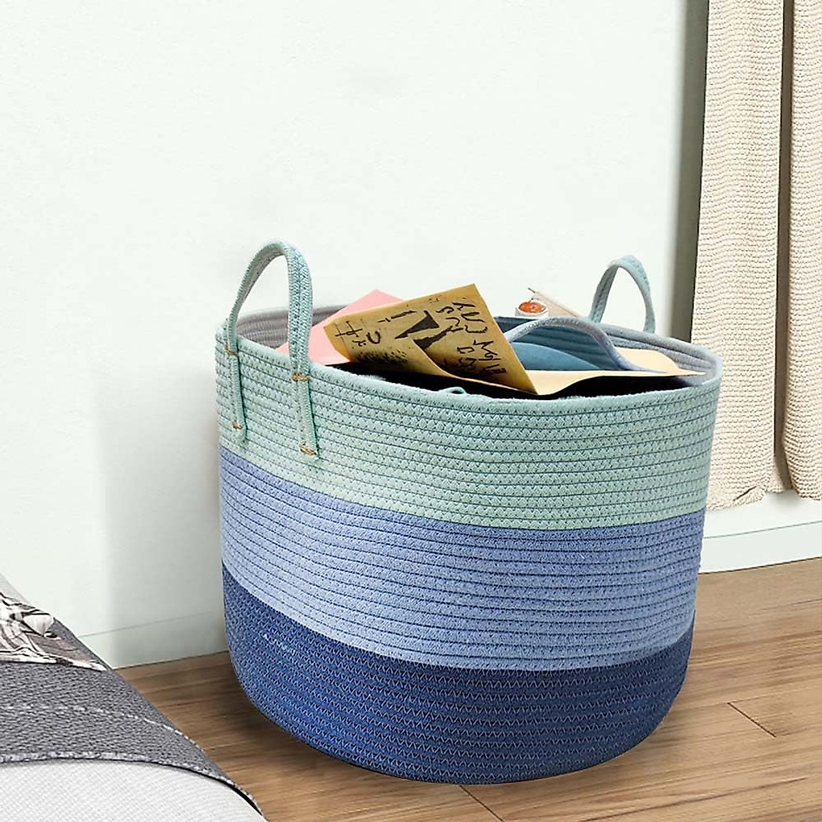 Cotton Rope Basket,Home Three Layers Gradient Blue, 19.7x19.7x13 Inches Large Rope Basket Blanket Basket Living Room