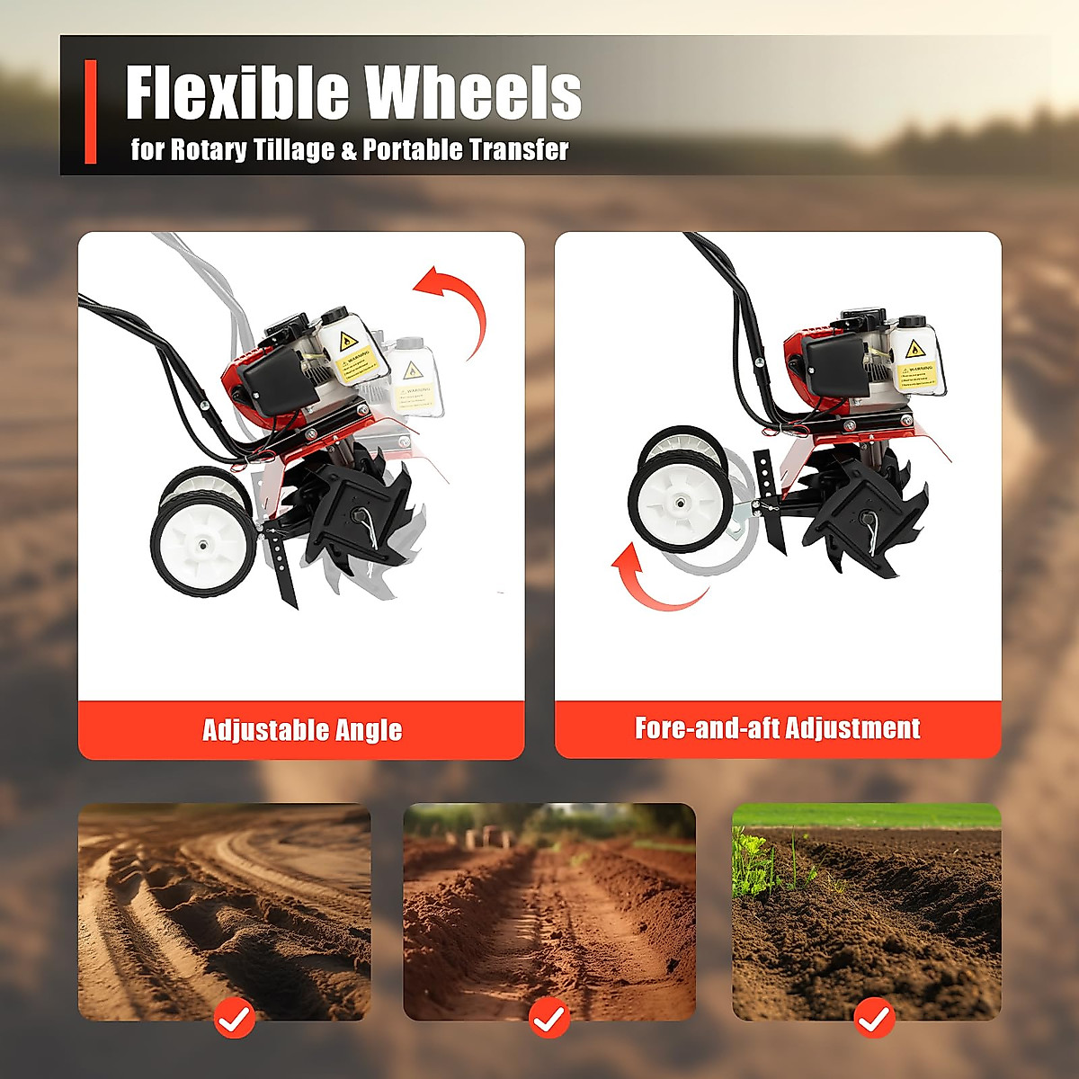 PIAOCAIYIN Gas Mini Tiller Cultivator, 52cc 2-Stroke Rototiller Gas Powered, 1700W Adjustable Garden Tiller Cultivator Tool for Soil Cultivation, Farm Plant Digging, 6500-7000r/Min