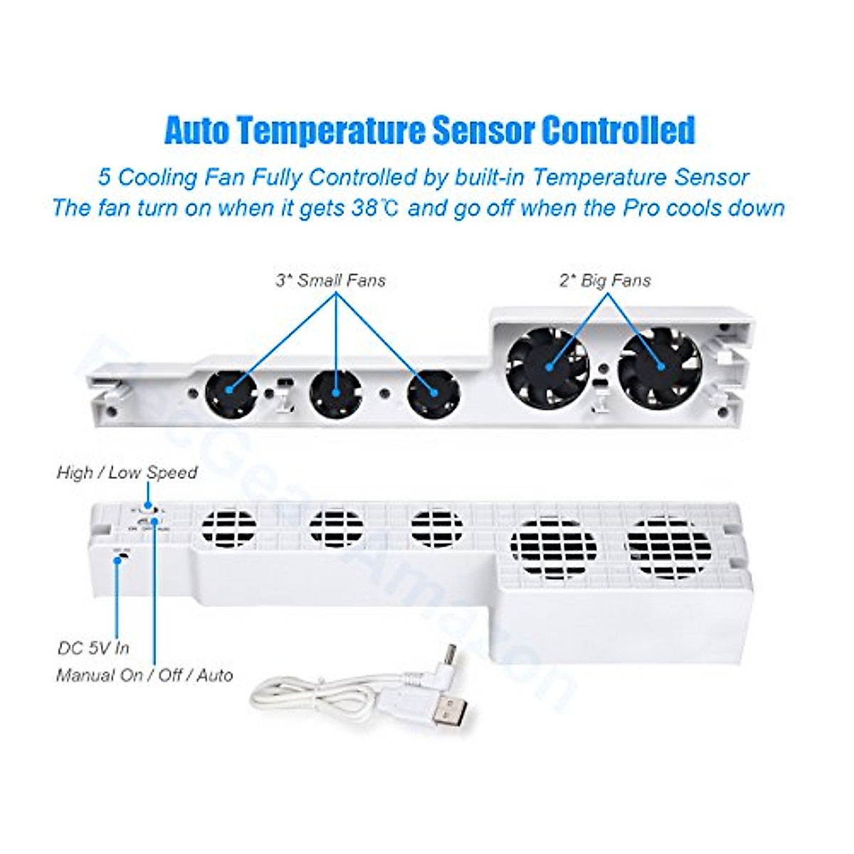 ElecGear Auto Cooling Fan for PS4 Pro, External USB Cooler Automatic Temperature Sensor Controlled Radiator Heat Exhaust Works with Playstation 4 Pro CUH-7xxx White