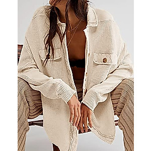 Freyhem Women's Oversized Waffle Knit Shacket One Scout Jacket Boyfriend Button Down Long Dolman Sleeve Shirts(Beige-L)