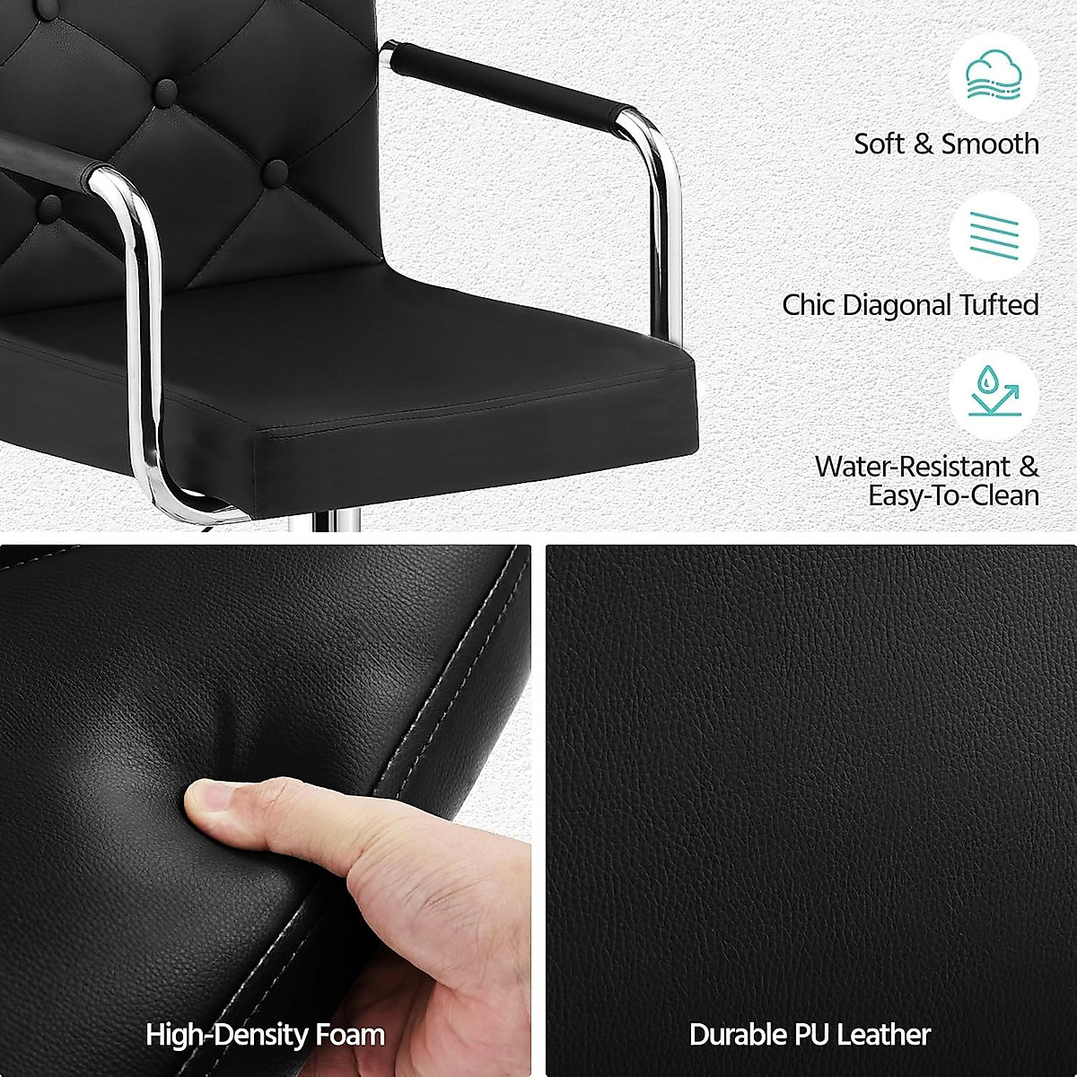 VECELO Bar Stools, Adjustable Bar Stools Set of 2, Counter Height Barstool with Back and Arms, Swivel PU Leather Bar Chairs for Kitchen/Island, Black