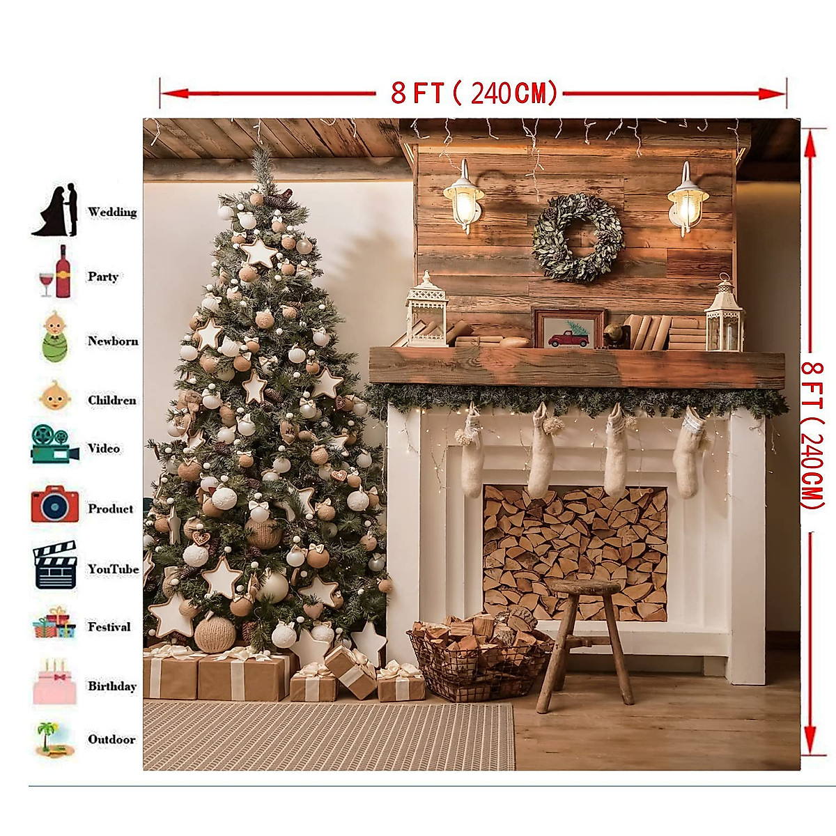 AIIKES 8X8FT Christmas Theme Photography Backdrop - Xmas Tree Wreath Gift Box White Socks Holiday Party Studio Props 12-381