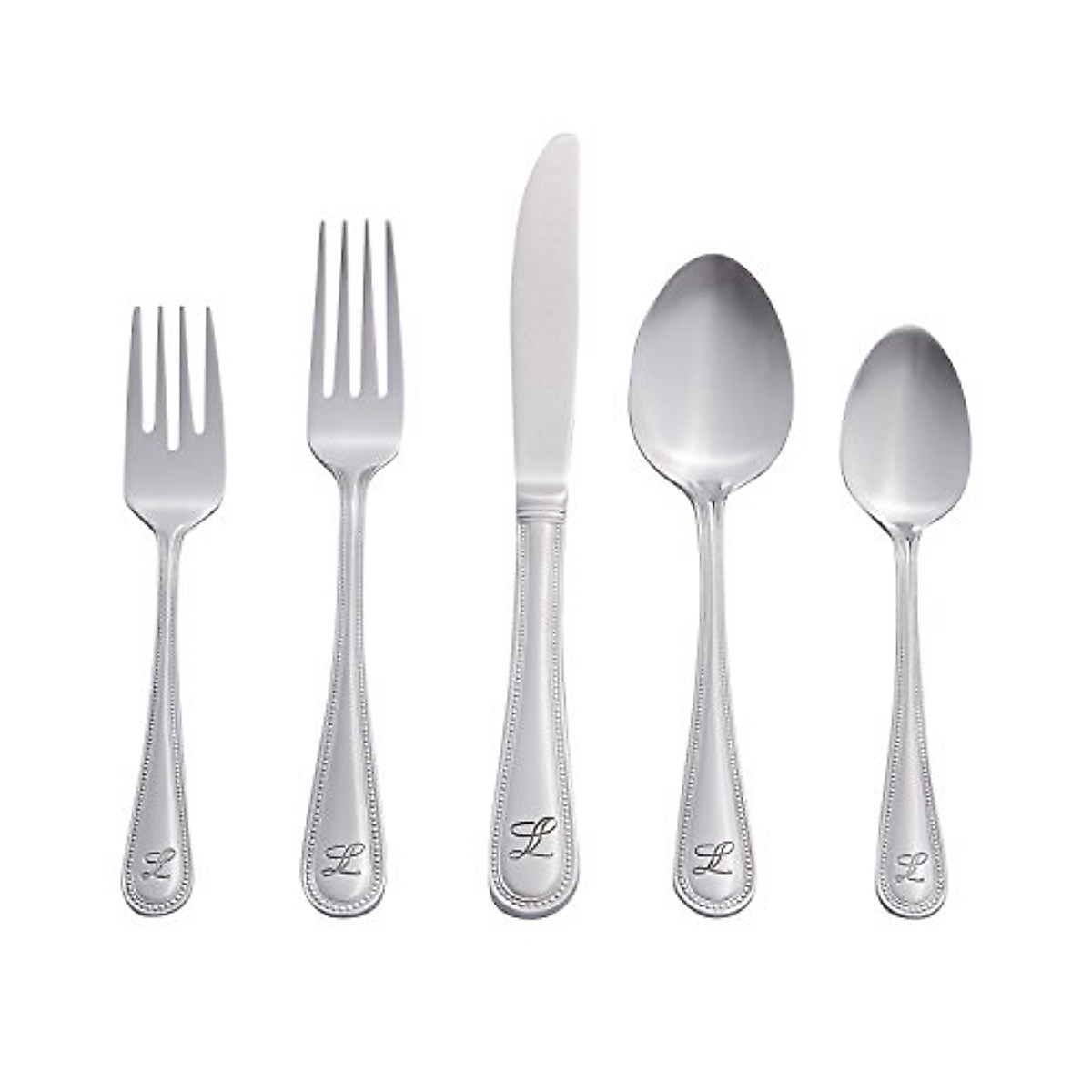 RiverRidge Monogrammed Beaded Flatware Set - L - 46-Piece Silverware with Custom Letter Stamp, 18/0 Stainless Steel Utensils Set for Daily Use & Special Occasions - Dishwasher Safe, Versatile Design