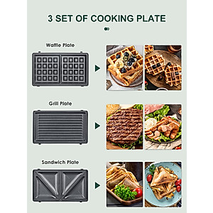 Reemix 3-in-1 Waffle, Grill & Sandwich Maker, Panini Press Grill and Waffle Iron Set with Removable Non-Stick Plates, Perfect for Cooking Grilled Cheese, Tuna Melts, Burgers, Steaks and Snacks, Black (3 in1 Sandwich Maker All Stainless Steel)