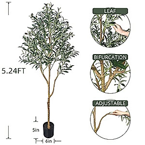Phimos Artificial Olive Tree Tall Fake Potted Olive Silk Tree with Planter Large Faux Olive Branches and Fruits Artificial Tree for Modern Home Office Living Room Floor Decor Indoor (5.24FT)