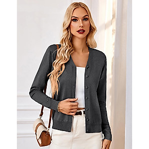 GRACE KARIN V Neck Knit Cardigan Sweaters for Women Plus Size Long Sleeve Tops Lightweight Casual Black Grey L