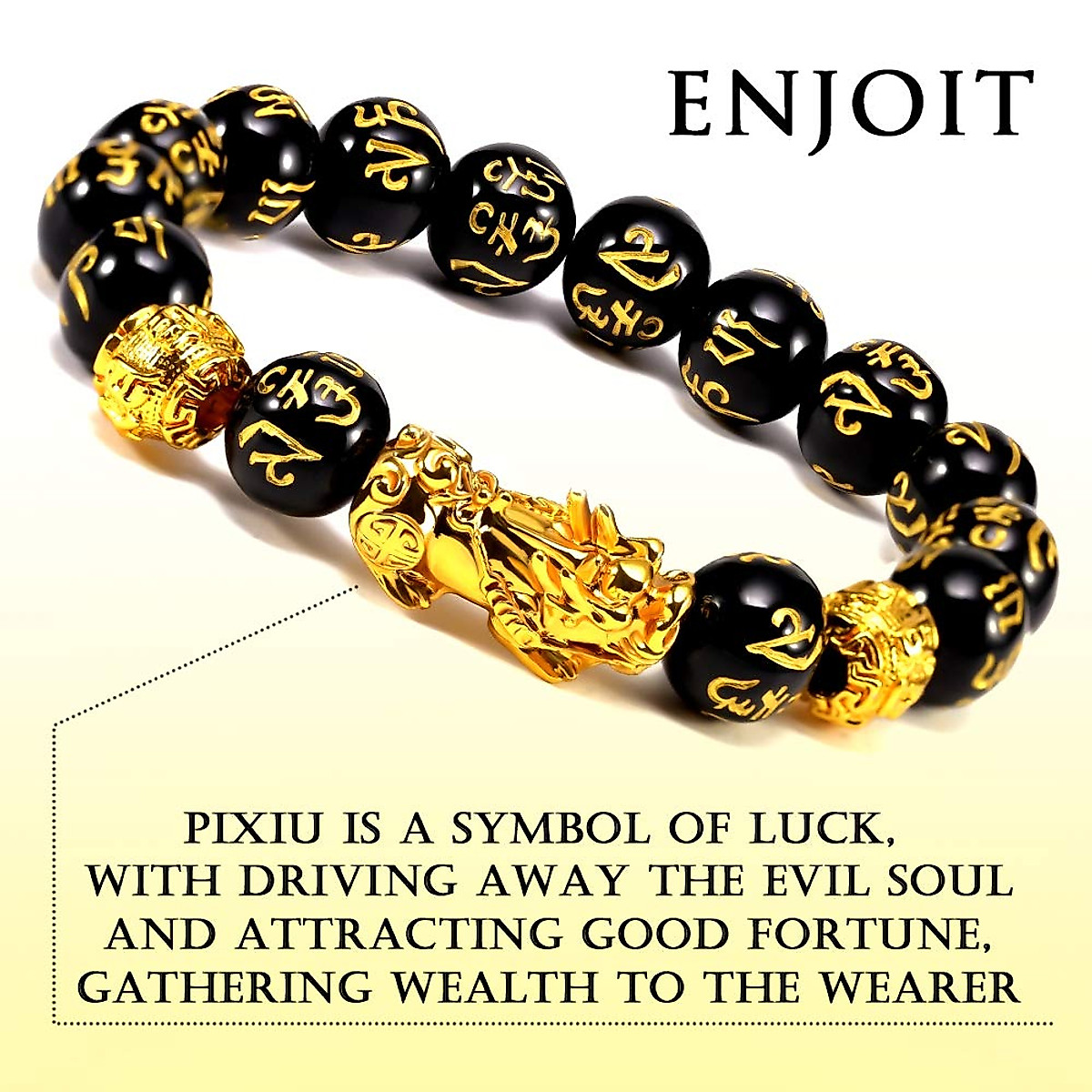 EnjoIt 2Pcs 12mm Hand Carved Mantra Stone Feng Shui Elastic Bracelet Pi Xiu Bracelet Wealth Bracelet for Mens Womens C2239