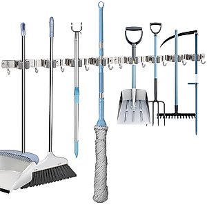 OCGIG 2 Pack Mop and Broom Holder, Wall Mounted Metal Hanger Organization Storage Heavy Duty Tool Organizer for Garage Home Kitchen Laundry Garden (4 Racks and 5 Hooks)