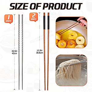 3 Pairs Long Cooking Chopsticks 15.3 Inch Extra Long Stainless Steel Chopsticks and 16.5 Inch Extra Long Wooden Kitchen Frying Chopsticks for Hot Pot, Frying, Noodle, Cooking Favor
