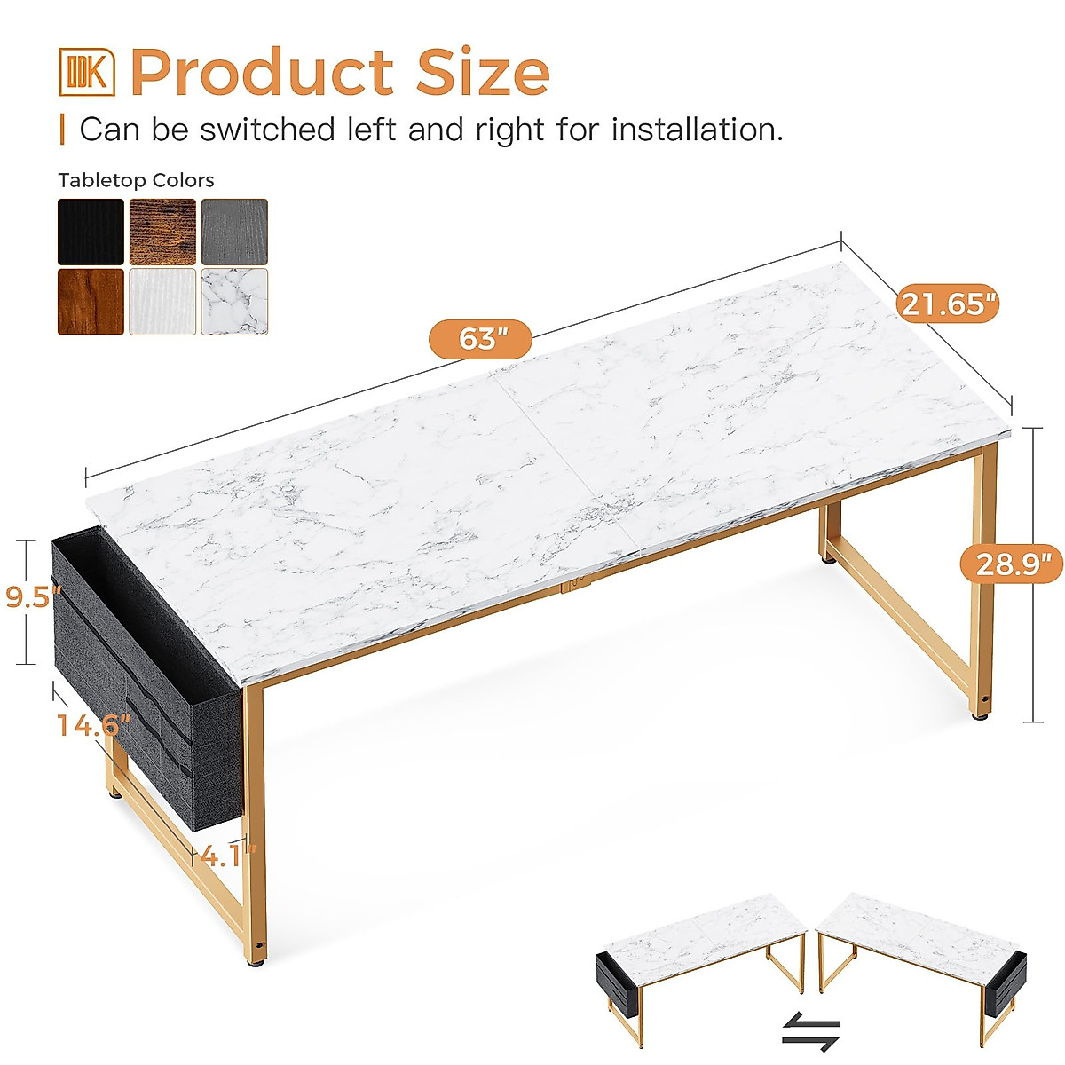 ODK Computer Desk Large Office Desk, 63 Inch Gaming Desk with Storage, Modern PC Desk Work Table with Headphone Hook for Home Office, Spliced Board, White + White Leg