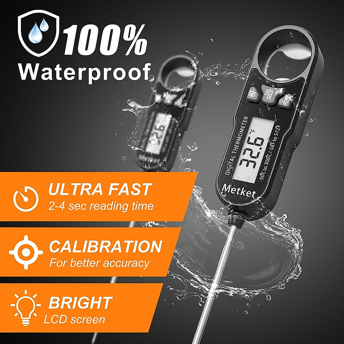 MetKet Waterproof Digital Food Thermometer 2 Pack, Instant Read Meat Thermometer for Cooking and Baking, Long Probe Thermometer for Grill BBQ Smoker Oven Oil Milk Candy Wine Thermometer