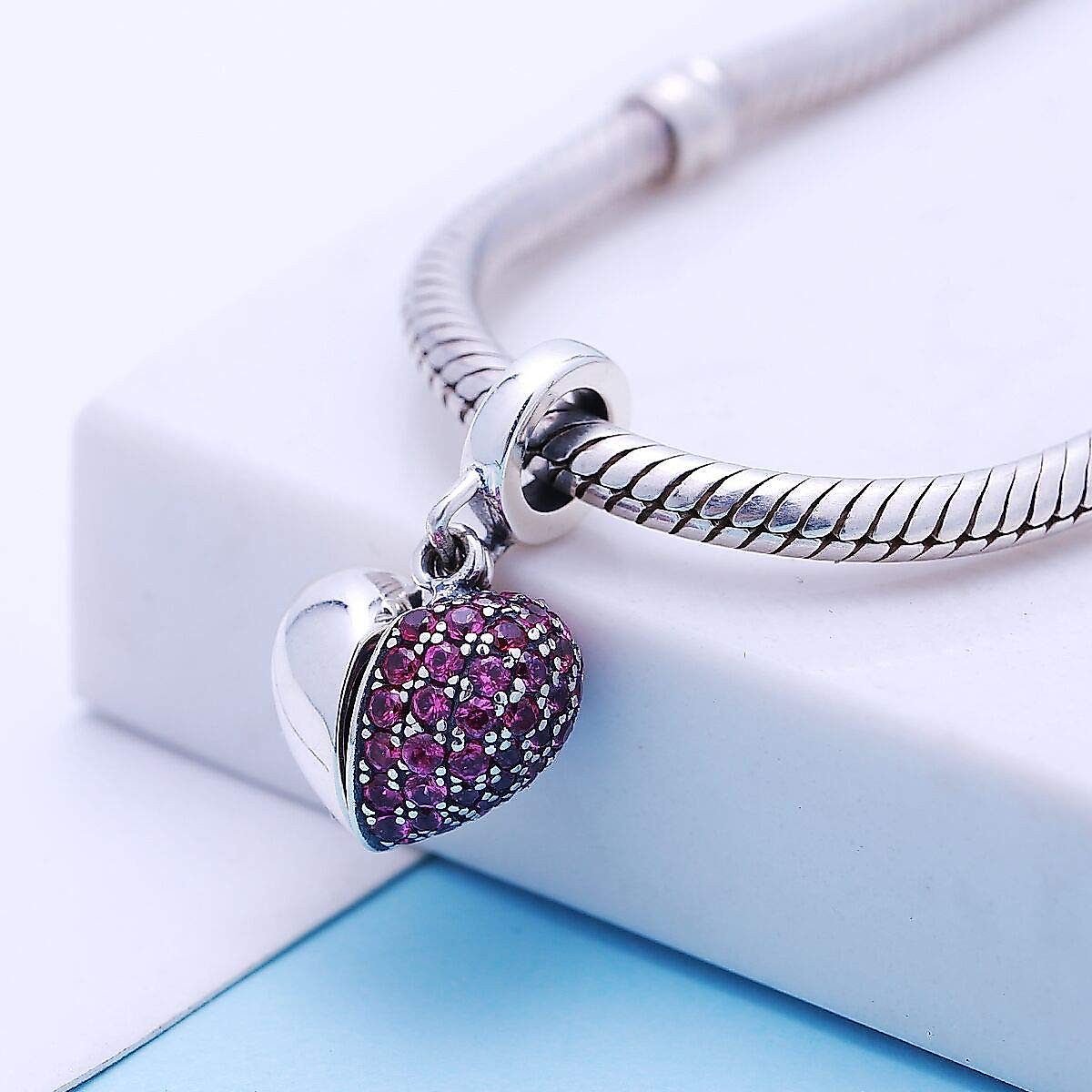 I Love You Heart Charm 925 Sterling Silver Dangle Bead Crystal Valentine's Day Gifts Fits Pandora European Bracelet Necklace(Fushcia -1)