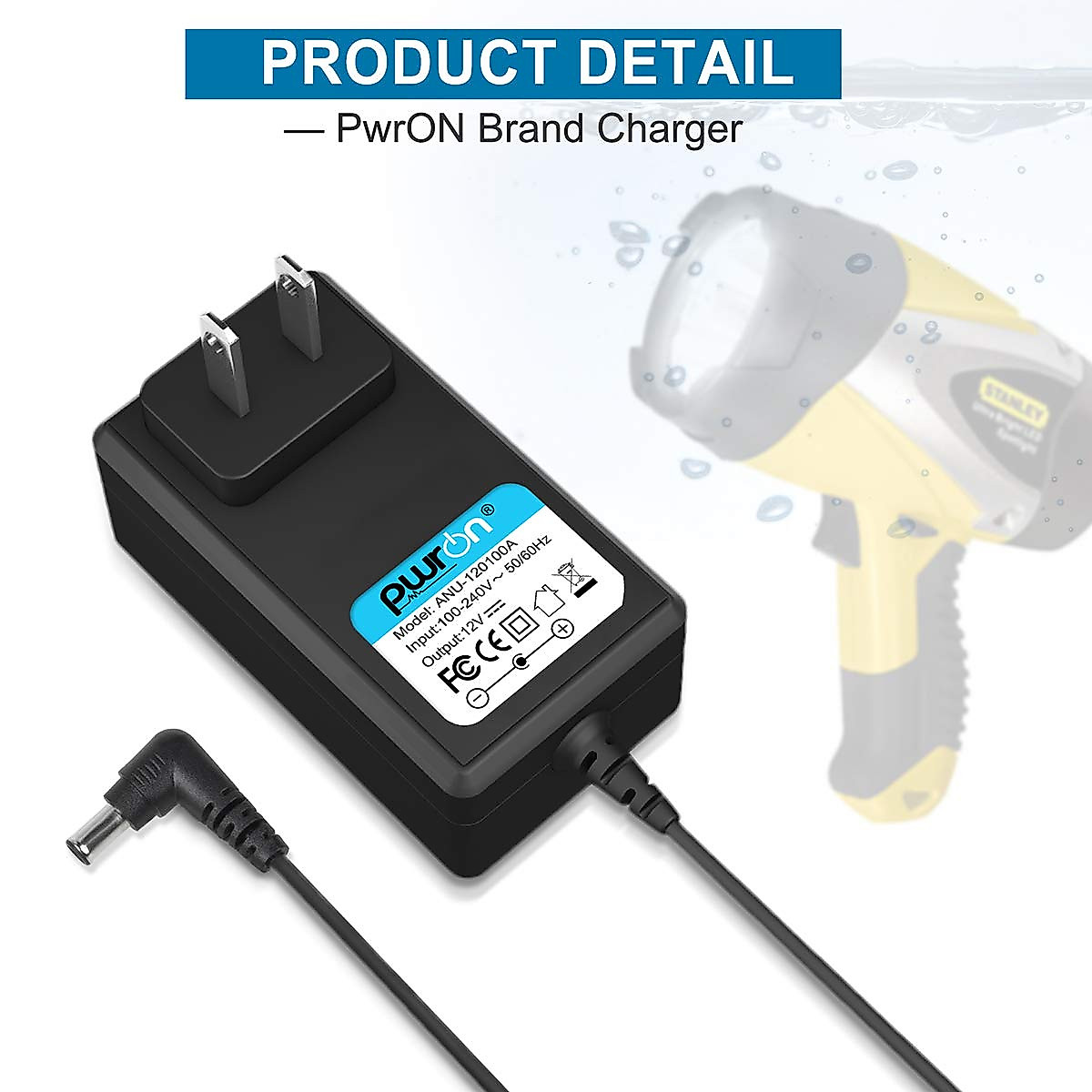 PwrON AC Adapter Compatible with Stanley Fatmax SL10LEDS 10 Watt Li-ION LED Rechargeable Spotlight, SL1M09 SL5W09 HID0109 FL5W10 FL3WBD LED Rechargeable Flashlight 12VDC Power Supply Cord