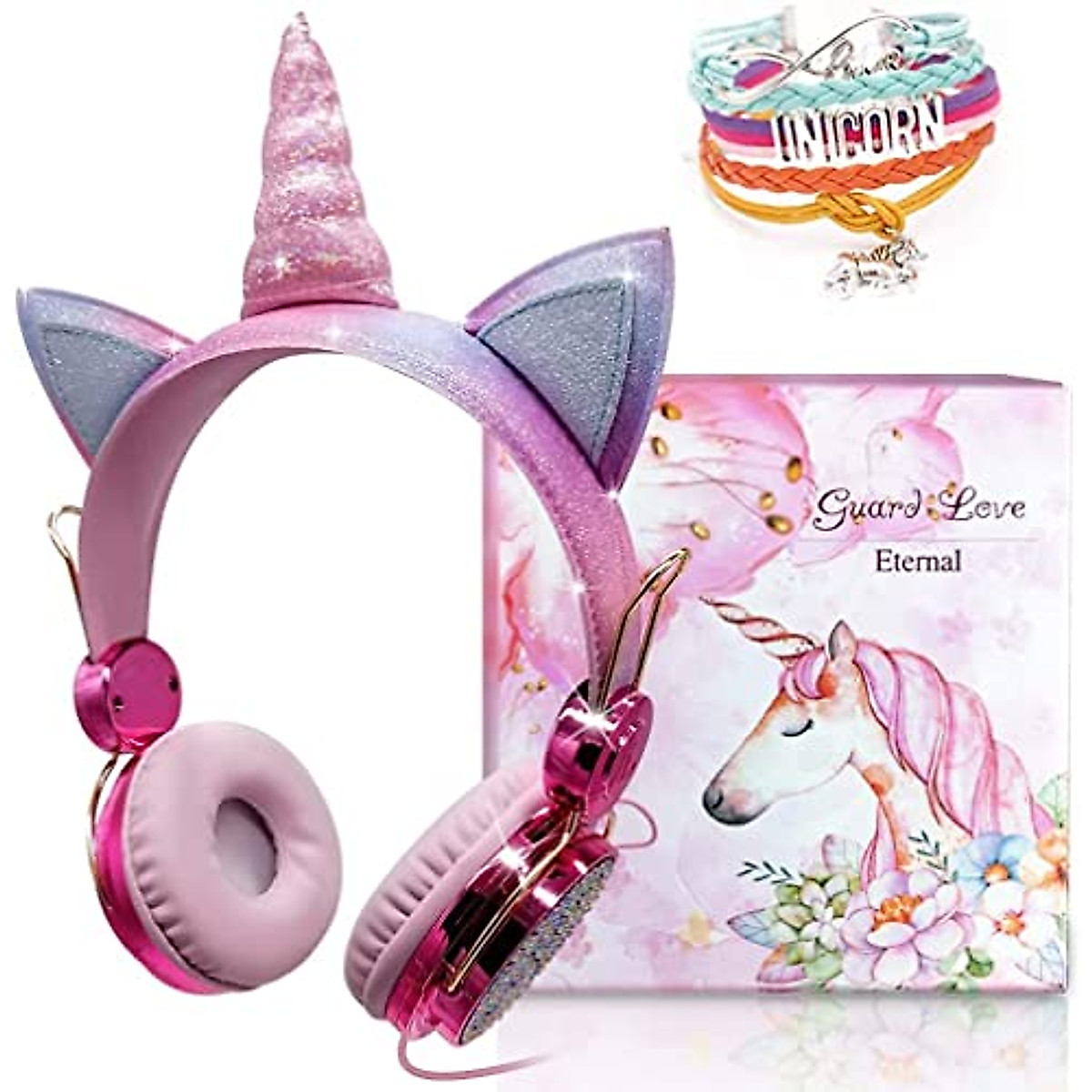 Unicorn Kids Headphones for Girls Children Teens, Wired Headphones for Kids with Adjustable Headband, 3.5mm Jack and Tangle-Free Cord, Over On Ear Headset w/Mic for School Birthday Xmas Unicorn Gift