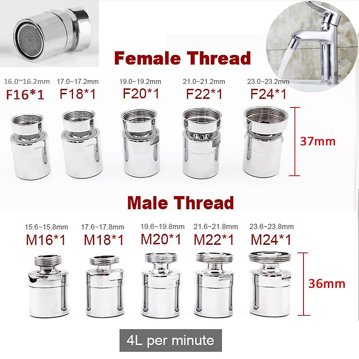 360 degree Swivel Faucet Aerator Filter Adapter for Kitchen Sink Tap Head Faucet Nozzle Adapters Replacement Part (Female 16mm)